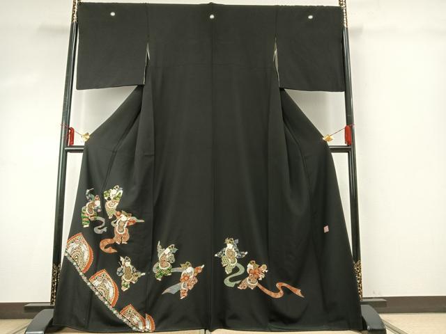 平和屋着物●近江英章　黒留袖　友禅　駒刺繍　人物文　金彩　正絹　逸品　AABE1870fy