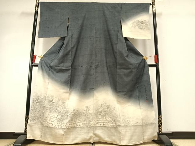 平和屋着物●訪問着　紬地　作家物　博石　手描き　世界文化遺産登録二条城　正絹　逸品　AABE1879fy