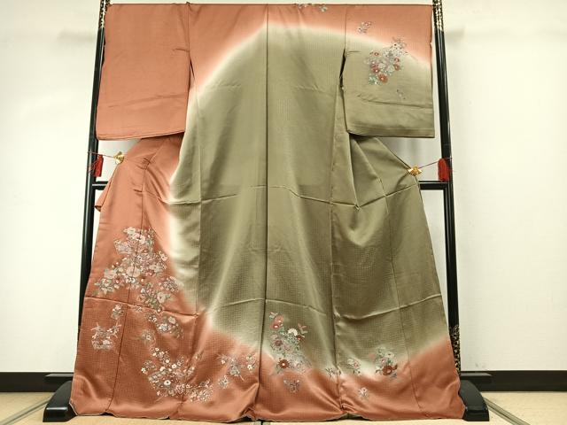 平和屋着物●訪問着　蘇州刺繍　地紙花文　暈し染め　仮絵羽　正絹　逸品　未使用　AABE1903fy