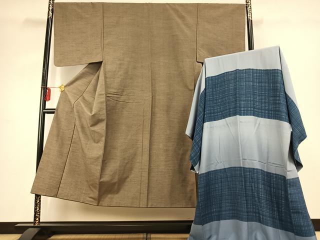 平和屋着物●男性　紬　アンサンブル　長襦袢(袷)セット　灰汁色　正絹　逸品　AABE1968fy