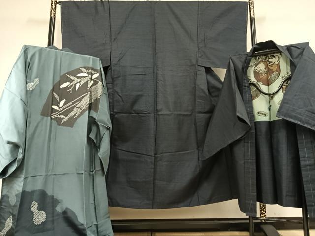 平和屋着物●男性　本場大島紬　アンサンブル　長襦袢(袷)セット　亀甲絣　正絹　逸品　AABE1987fy