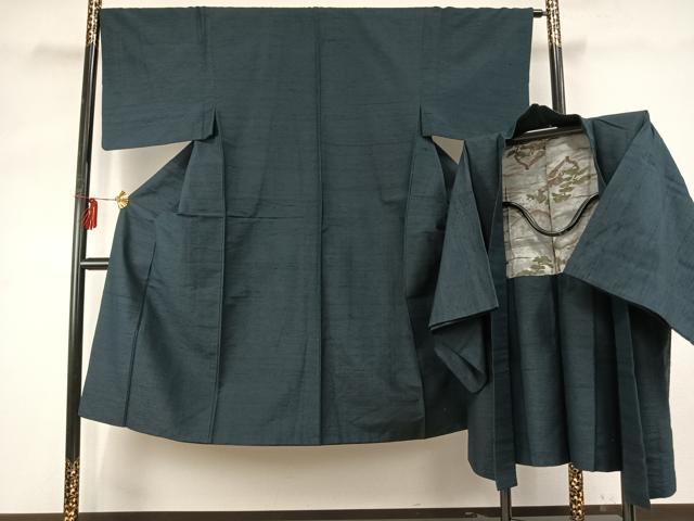 平和屋着物●男性　紬　アンサンブル　高麗納戸色　正絹　逸品　AABE1988fy