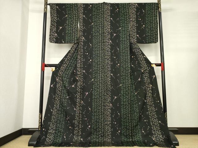 平和屋着物●上質な小紋　草花間道　黒地　金彩　ロング丈　正絹　逸品　AABE2448ck