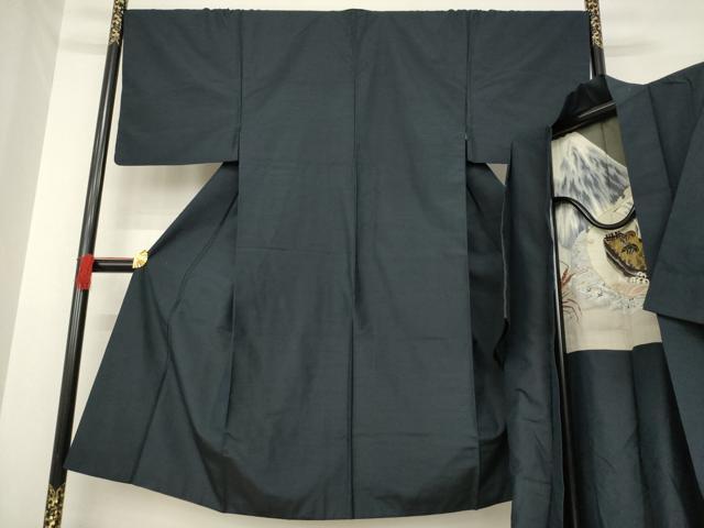 平和屋着物●男性　紬　アンサンブル　色無地　藍鉄色　正絹　逸品　AABE2457ck