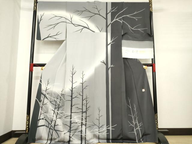 平和屋着物●訪問着　作家物　友彩　樹林文　暈し染め　浜ちりめん　反端付き　正絹　逸品　AABE2463ck