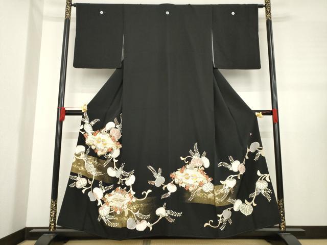 平和屋着物●豪華黒留袖　作家物　鐘紡　向かい鶴花文　金彩　正絹　逸品　AABE2478ck