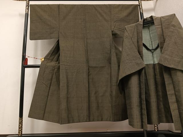 平和屋着物●男性　結城紬　アンサンブル　杢　涅色　正絹　逸品　AABE2558ph