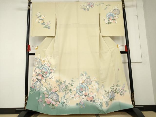 平和屋着物●訪問着　友禅　作家物　秀水　花絵皿文　暈し染め　正絹　逸品　AABE2742cs