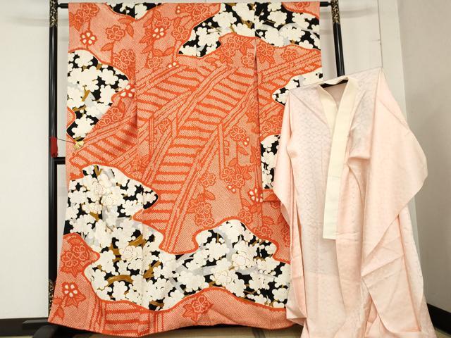 平和屋着物●豪華振袖・長襦袢(無双仕立て)セット　駒刺繍　渡り橋枝花文　金彩　正絹　逸品　AABE2749cs