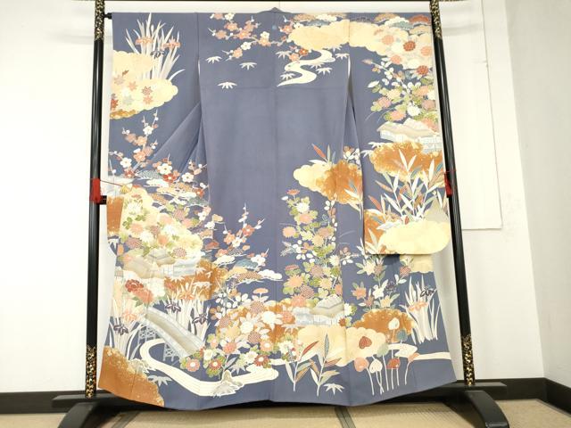平和屋着物●創業460年・千總　振袖　駒刺繍　雲取り渡り橋風景文　金彩　正絹　逸品　AABE2753cs