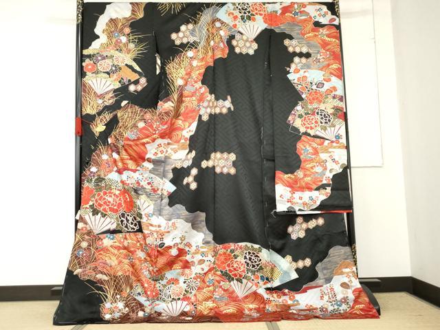 平和屋着物●豪華振袖　駒刺繍　扇面吉祥花文　上代73万　黒地　銀彩　丹後ちりめん　仮絵羽　逸品　未使用　AABE2756cs