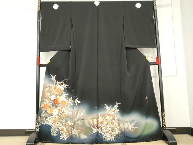 平和屋着物●京友禅の第一人者 松井青々 黒留袖 枝花文 暈し染め 金銀彩 上代180万 浜ちりめん 仮絵羽 正絹 逸品 未使用 AABE2759cs