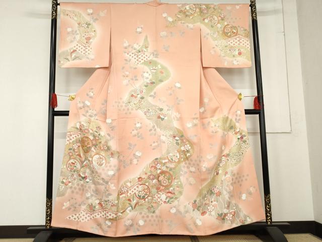 平和屋着物●創業460年・千總　訪問着　駒刺繍　吉祥花丸文　暈し染め　金彩　正絹　逸品　AABE2779cs