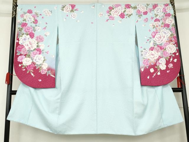 平和屋着物●小振袖　二尺袖　刺繍　草花文　薔薇　バラ　暈し染め　金彩　洗える着物　AABE2797cs