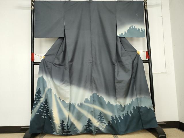 平和屋着物●本場大島紬　染大島　訪問着　樹林シルエット　正絹　逸品　AABE2803cs