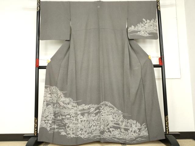 平和屋着物●江戸小紋　訪問着　風景草花文　黒地　正絹　逸品　AABE2842cs