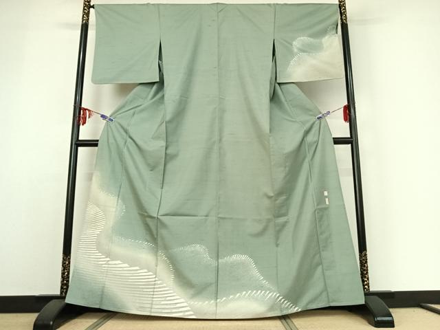 平和屋着物▽石川県指定無形文化財　牛首紬　白山工房　手織り　訪問着　単衣　作家物　紬地　流水文　正絹　逸品　AABE3373jh