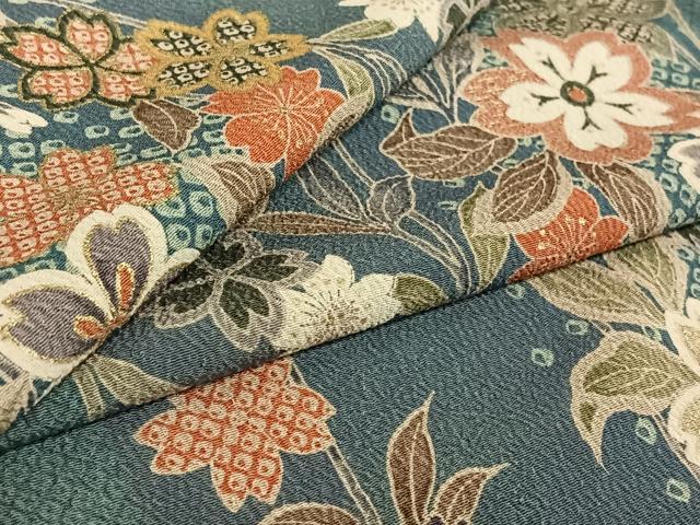 平和屋着物▽上質な小紋　単衣　草花文　金彩　鬼しぼ縮緬　正絹　逸品　AABE3384jh