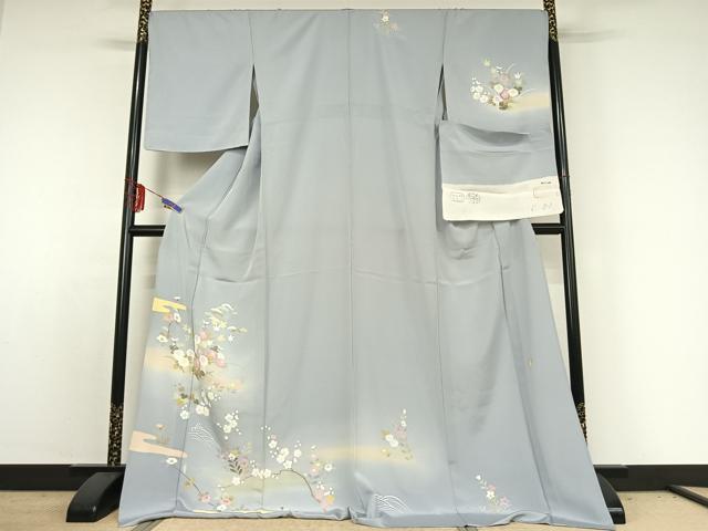 平和屋着物▽訪問着　単衣　作家物　流水花文　暈し染め　反端付き　ロング丈　正絹　逸品　AABE3386jh