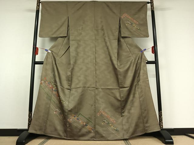 平和屋着物▽訪問着　単衣　幾何学花文　金彩　洗える着物　AABE3395jh