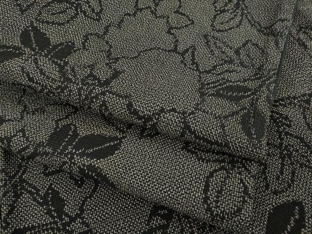 平和屋着物●お召　草花文　黒地　正絹　逸品　AABE3467ck