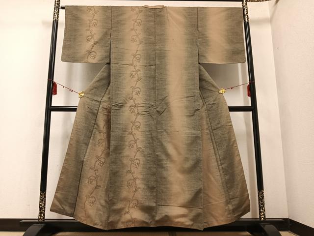 平和屋着物●紬　訪問着　刺繍　刺し子　更紗唐草文　正絹　逸品　AABE3982ph