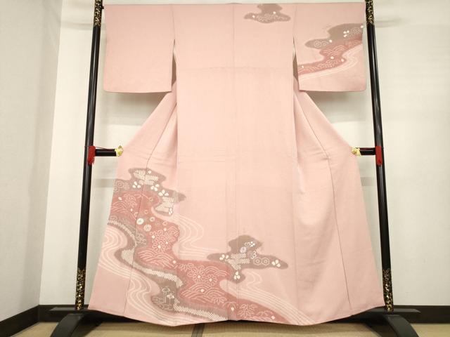 平和屋着物●訪問着　絞り　刺繍　流水花文　金彩　正絹　逸品　AABE4159ck