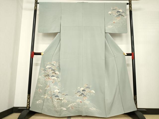 平和屋着物●訪問着　友禅　刺繍　立波風景松文　金彩　正絹　逸品　AABE4169ck