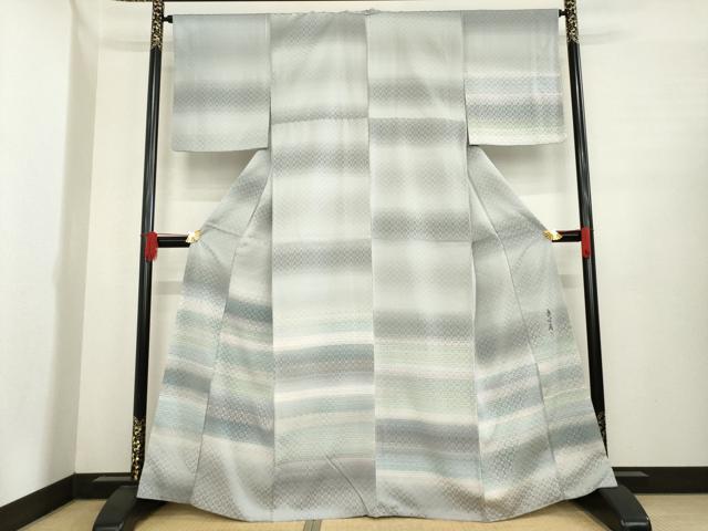 平和屋着物●楽心庵　訪問着　紬地　花織　横段文　正絹　逸品　AABE4417ck