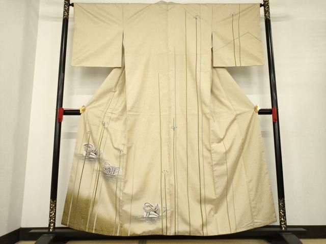 平和屋着物●人間国宝　羽田登喜男　TOKIOetTOKI　本場大島紬　染大島　訪問着　鴛鴦花文　丁子色地　暈し染め　正絹　逸品　AABE4433ck