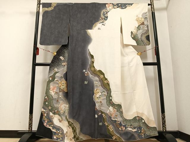 平和屋着物●訪問着　駒刺繍　松竹梅色紙草花文　金彩　正絹　逸品　AABE4802ph
