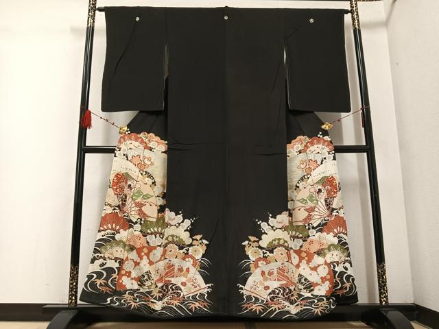平和屋着物●アンティーク　大正ロマン　黒留袖　駒刺繍　扇面花文　金彩　正絹　逸品　AABE4835ph