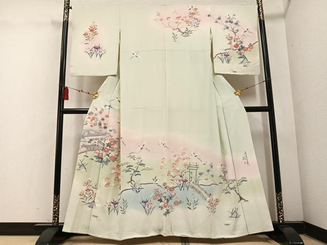 平和屋着物●訪問着　友禅　作家物　松竹梅群れ鶴　暈し染め　正絹　逸品　AABE4867ph