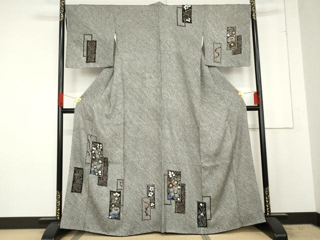 平和屋着物●訪問着　絞り　色紙重ね草花文　黒地　金彩　正絹　逸品　AABE5275cs