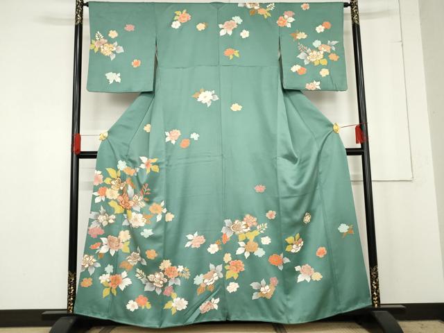 平和屋着物●訪問着　駒刺繍　草花文　金彩　正絹　逸品　AABE5305cs