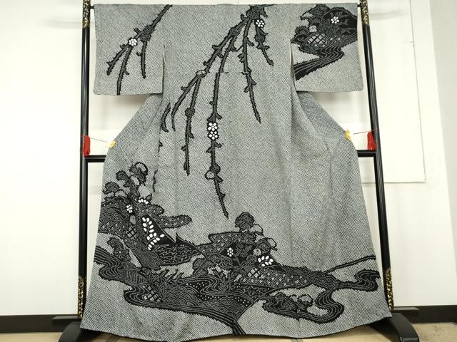 平和屋着物●訪問着　総絞り　流水花松文　黒地　正絹　逸品　AABE5316cs