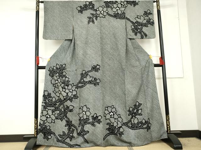 平和屋着物●訪問着　総絞り　枝花文　黒地　正絹　逸品　AABE5328cs