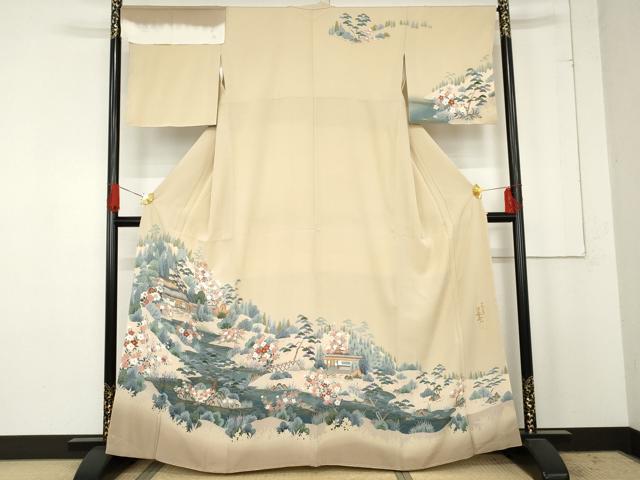 平和屋着物●伝統工芸士　伊藤華山　訪問着　浜松風景文　金彩　浜ちりめん　反端付き　正絹　逸品　未使用　AABE5335cs