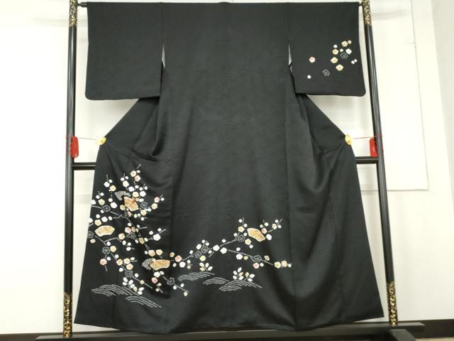 平和屋着物●訪問着　絞り　刺繍　地紙枝梅文　黒地　金糸　金彩　正絹　逸品　AABE5338cs