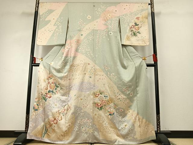 平和屋着物●訪問着　駒刺繍　絞り　草花文　金彩　正絹　逸品　AABE5366fy