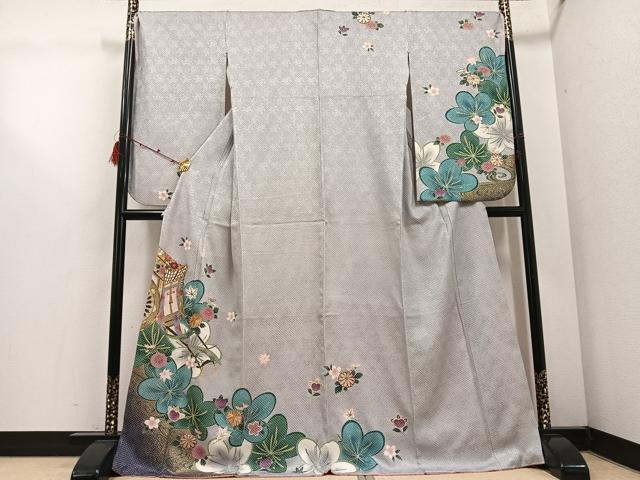 平和屋着物●訪問着　駒刺繍　絞り　御所車花文　金銀彩　正絹　逸品　AABE5912ph