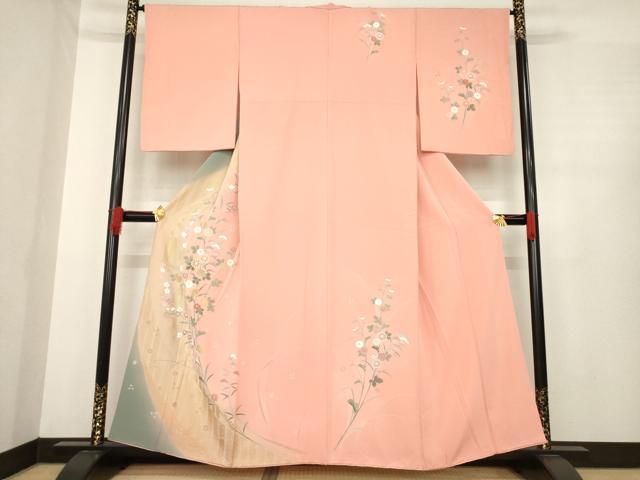 平和屋着物●訪問着　友禅　草花文　暈し染め　金彩　正絹　逸品　AABE5939ck