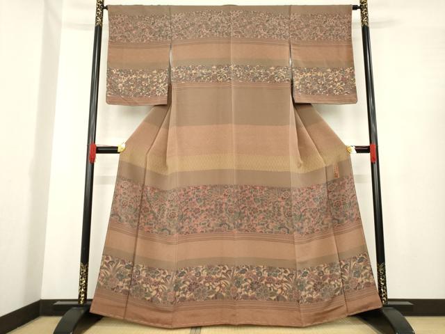 平和屋着物●人間国宝 初代六谷梅軒の息子 二代目 六谷梅軒(六谷博臣)江戸小紋 訪問着 横段花鳥唐草文 鬼しぼ縮緬 逸品 未使用 AABE6797ck