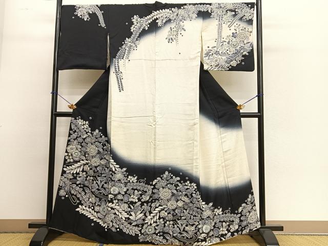 平和屋着物●訪問着　辻が花　絞り　暈し染め　黒地　銀彩　正絹　逸品　BAAM2328pk