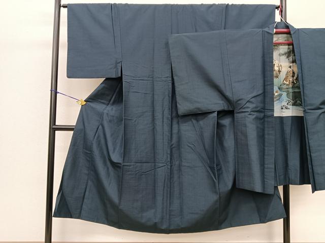 平和屋着物●男性　紬　アンサンブル　藍鉄色　羽裏：七福神　正絹　逸品　BAAM9333fw