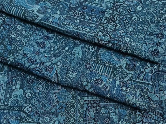 平和屋着物▽小紋　単衣　藍　更紗人物花唐草文　洗える着物　BAAS0128yt