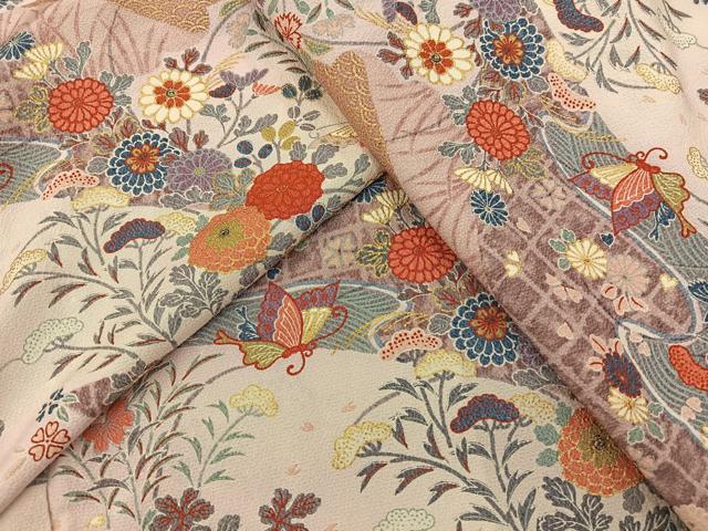 平和屋着物▽上質な小紋　単衣　花蝶文　暈し染め　金彩　正絹　逸品　BAAS1820ow