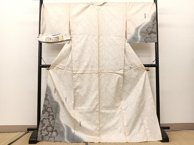 平和屋着物▽訪問着　本場染大島紬　単衣　白大島　ロング丈　破れ熨斗桜文　宮之原織物謹製　証紙付き　正絹　逸品　BAAS8009yc