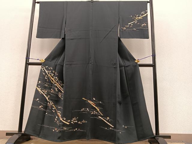 平和屋着物▽訪問着　単衣　刺繍　鬘帯花文　濃紺地　金彩　正絹　逸品　BAAS8335hv