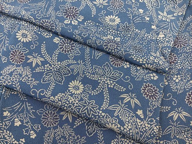 平和屋着物▽上質な小紋　単衣　型染め　草花文　鬼しぼ縮緬　正絹　逸品　BAAS8341hv